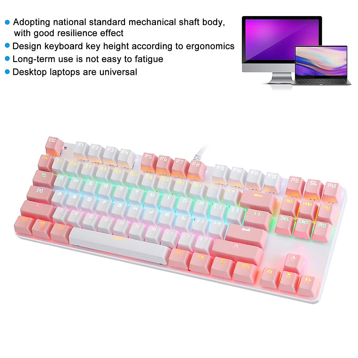 PUSOKEI Mechanical Gaming Keyboard, 87 Keys Keyboards RGB LED Rainbow Backlit Wired Keyboard, Mechinal Gaming Keyboard White+Pink, Mechanical Keyboard,Plug and Play(White)