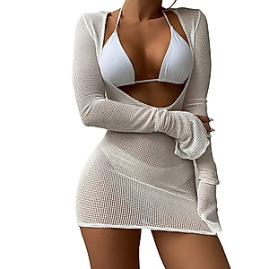 Lilosy Sexy Long Sleeve Mesh Sheer Beach Swim Cover Up Dress Bikini 3 Piece Women Drawstring Swimwear Swimsuit String Bathing Suit Set Fishnet White Large