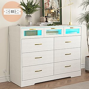 Vibe & Dine 9 Drawer Dresser with LED Lights and Charging Station, Modern Chest of Drawers Closet Organizer, Wood Wide Storage Dresser for Bedroom, Living Room