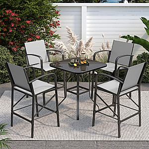 UDPATIO Outdoor Bar Stools Set of 4,Bar Height Outdoor Chairs with Back and Armrest,All Weather textilene High Top Bar Stools, for Backyard, Lawn Garden, Balcony(Grey White)