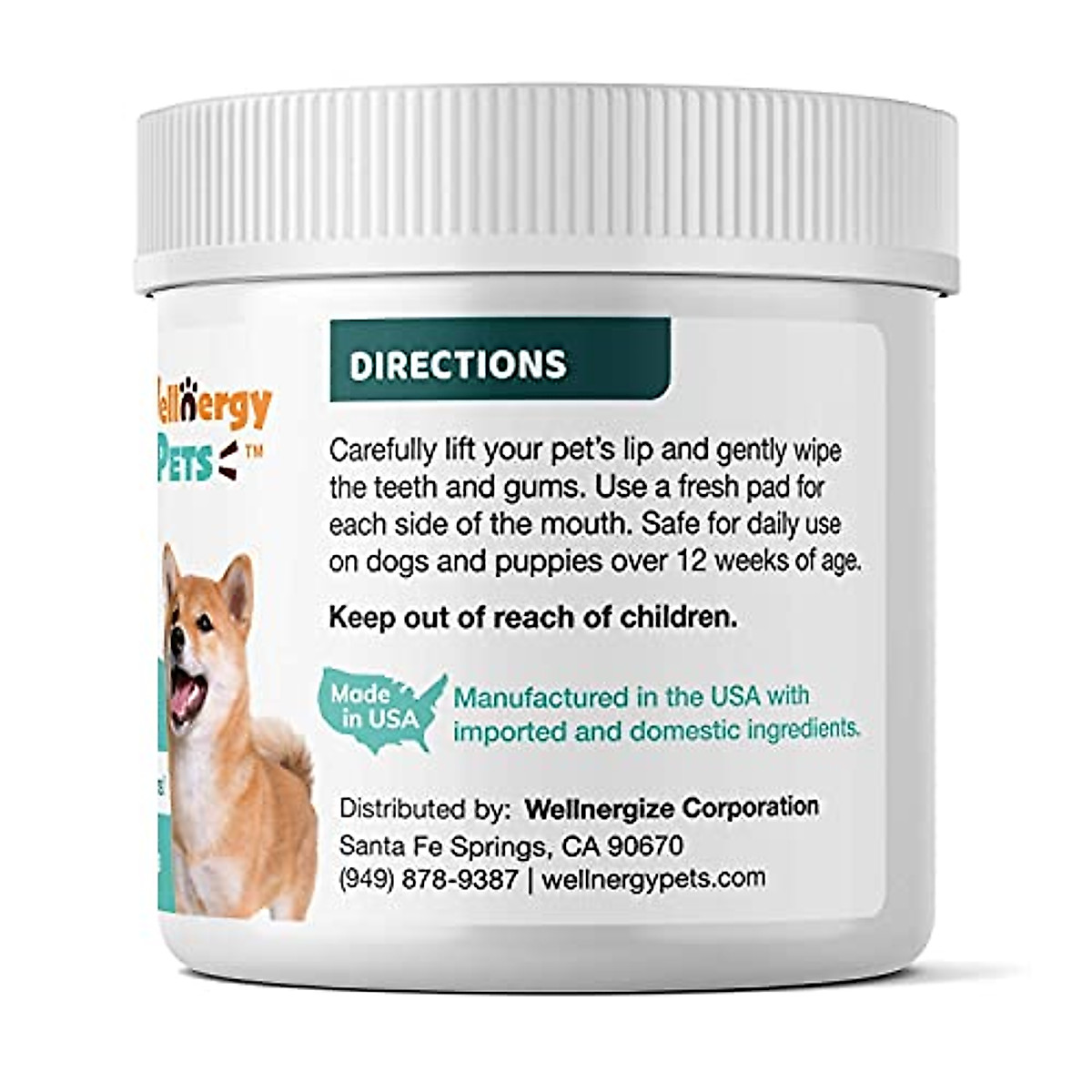 Wellnergy Pets Dental Wipes for Dogs and Cats - No Brush Formula; Improve Oral Hygiene and Health; Freshen Breath; Fresh Mint Flavor. 100 Wipes.
