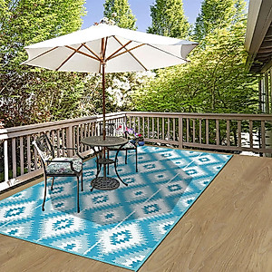 Ileading Reversible Outdoor Rug 4x6Ft Waterproof Patio Rug Carpet Portable Outdoor Plastic Straw Rug Large RV Camping Mat Rug for Patio, Clearance, Deck, Beach, Porch, Camping, Picnic, Gradual Teal