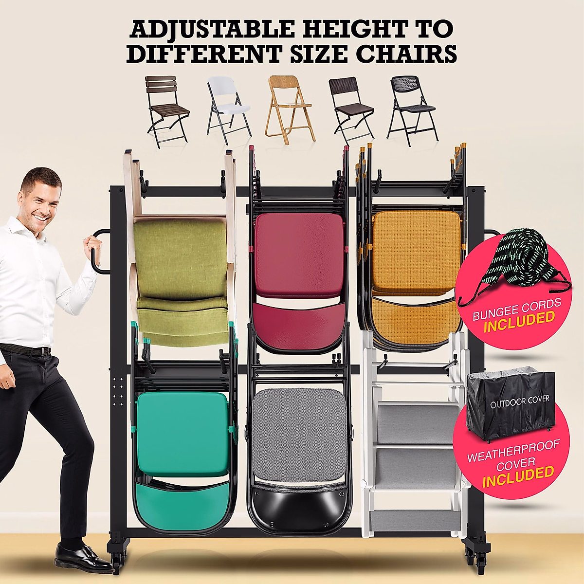 Folding Chair Rack - Folding Chair Cart | Folding Chair Storage Rack on Wheels - Foldable Chair Holder and Table - Heavy Duty Chair Dolly | Mobile Trolley with 84 Chairs Capacity & Outdoor Cover