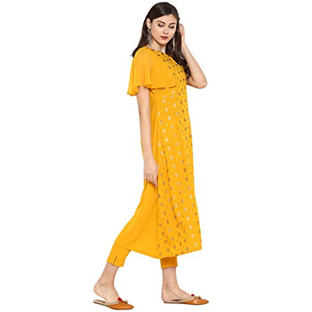 Janasya Indian Women's Tunic Tops Crepe Kurti Set for Women(SET044-KR-NP-XL) Yellow