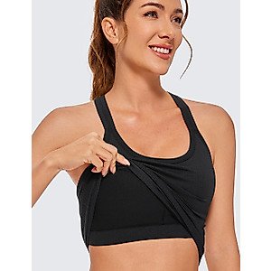 CRZ YOGA Womens Seamless Ribbed Racerback Tank Tops with Built in Bra - Padded Scoop Neck Slimming Athletic Long Camisole Black X-Small