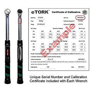 eTORK - Click-Style Torque Wrench | 1/2 Torque Wrench | 250 lbs Torque Wrench | Auto Torque Wrench | Electronic Scale Torque Wrench 1/2 Drive | Range: 25-250 ft.-lb./33.9-339 N.m