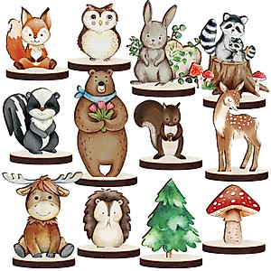 Geetery 12 Pcs Woodland Animals Wooden Animal Cutout Shapes Forest Painted Woodland Baby Shower Decorations Woodland Creatures Wood Table Centerpieces for Woodland Camp Party Supplies (Cute)