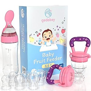 Baby Fruit Feeder Pacifier - 3 Pack | 2 Frozen Fruit Teething Pacifier & 1 Baby Food Spoon Feeder | Baby Silicone Feeder Pacifier | Teething Feeder, Baby Food Feeder Fruit Pacifier (Pink)