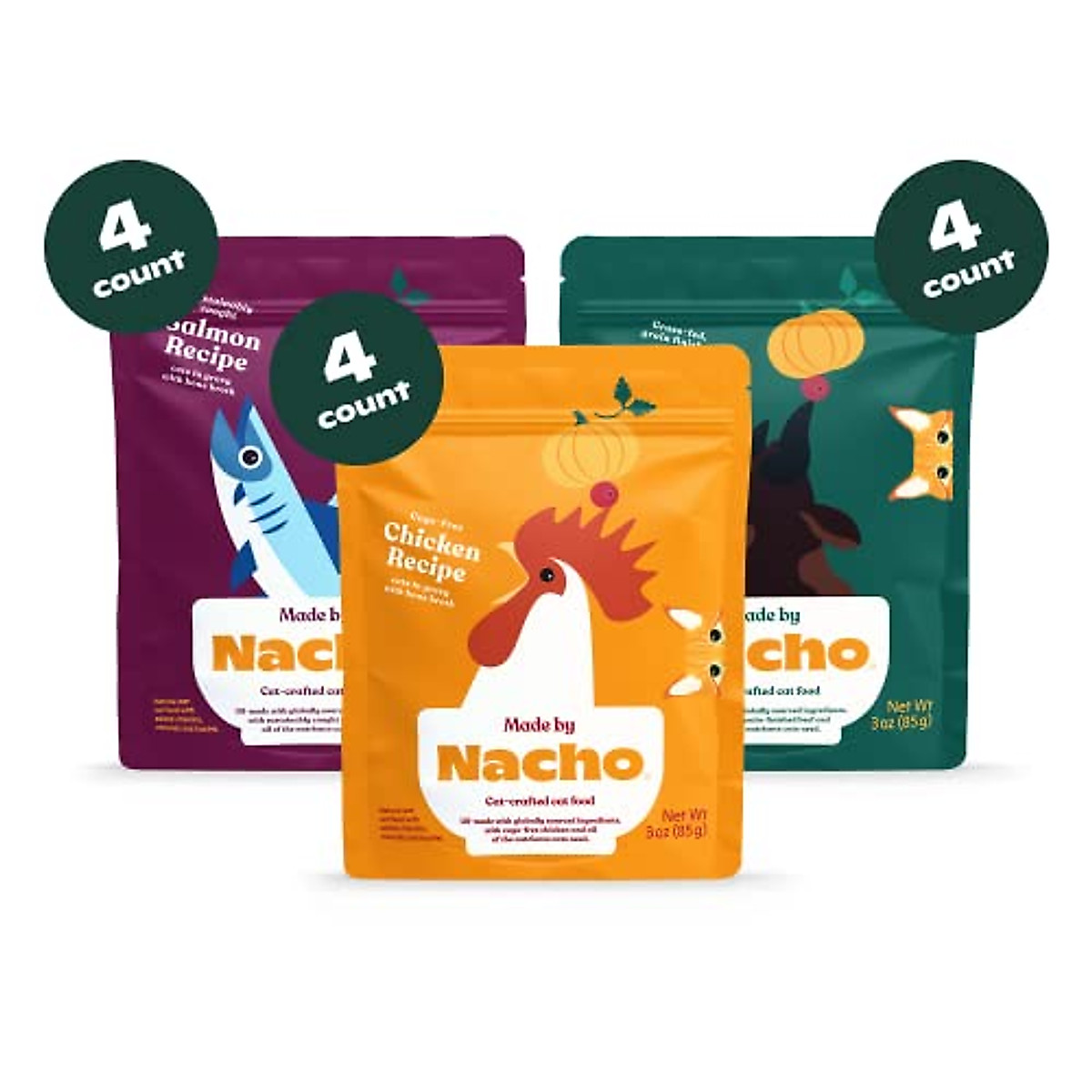 Made by Nacho Wet Cat Food Variety Pack, Cage-Free Chicken, Sustainably Caught Salmon, Grass-Fed Beef with Bone Broth for Extra Hydration, (12) 3 oz Pouches