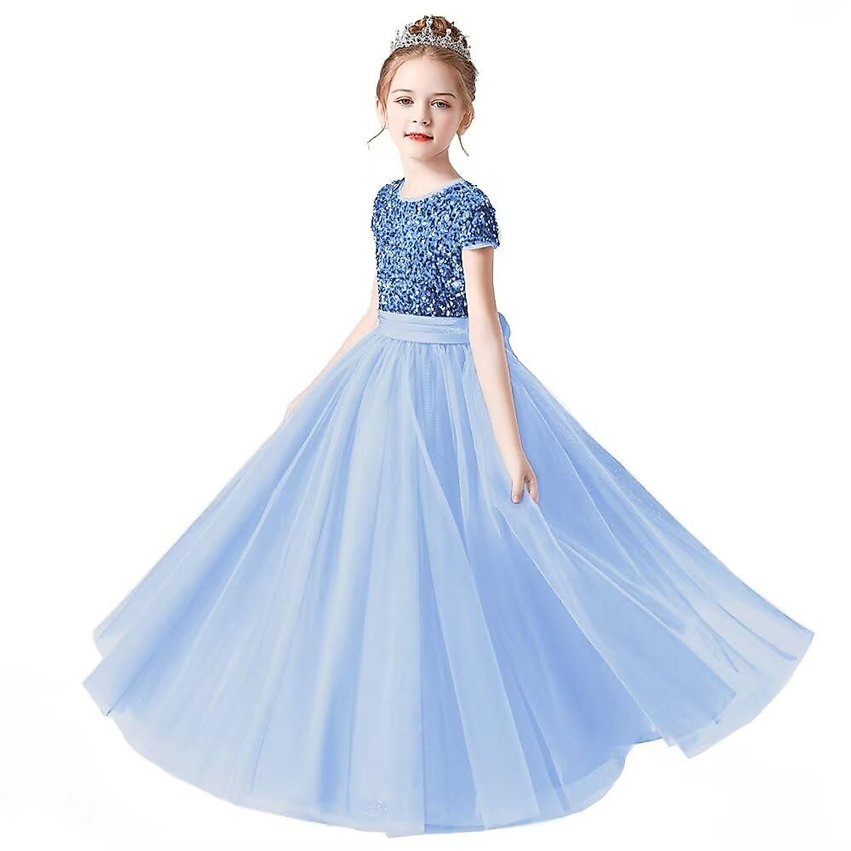 Party Wear Gown for Kids Junior Bridesmaid Dresses Baby Blue Puffy Tulle Sequins Dress Girls Birthday Party Gown Baby Blue 8