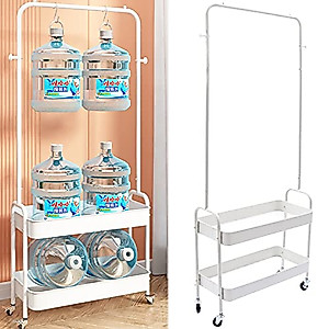 2-Tiers Clothes Rack Freestanding Clothing Garment Rack with Metal Basket Rolling Storage Clothes Shelves Portable Organizer Coat Rack for Entryway Home Bedroom Laundry Small Place (White)