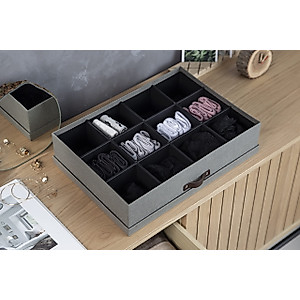 Bigso Box of Sweden Small Storage Box with 12 Compartments and Leather Handle - Fabric Storage Organiser for Shelves or Drawers - Drawer Organiser for Underwear, Socks, Jewellery, etc. - Grey