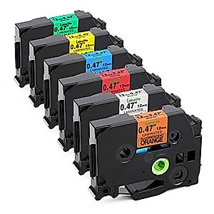 Labelife 6-Pack Compatible Brother P Touch Label Tape TZe TZ Tape 12mm 0.47 Laminated Label Maker Tape for Brother Ptouch PT-D210 PT-H110 PT-D220 PTD610BT D400 D600, White/Orange/Red/Blue/Yellow/Green