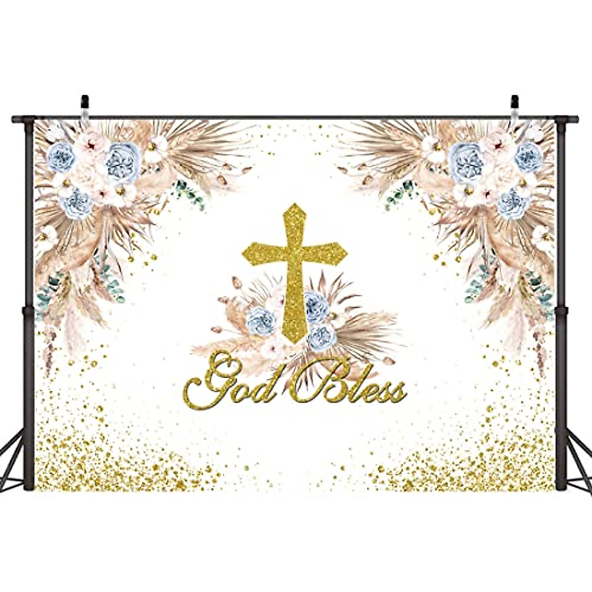 Wollmix 1st First Communion Baptism Decorations Backdrop 7x5ft God Bless Holy Communion Banner Christening Gold Dots Boho Florals Photography Background Baby Shower Banner Photo Booth Props