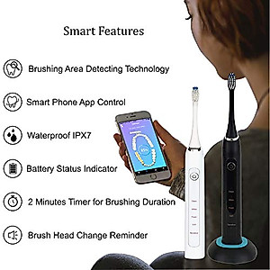 Over The Sea Sonic Bluetooth Rechargeable Electric Toothbrush – 5 Modes – App Control – Smart Timer – Wireless Charging – Portable Power Toothbrush – 2 Replacement Dupont Brush Heads (Black)