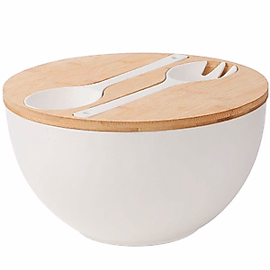 ECOHAGOU 11.3" Extra Large Salad Serving Bowl Set with Wooden Lid&Utensils, 6.5Qt., Bamboo Fiber Salad Bowl with Servers for Kitchen, Lightweight Big Bowl for Mixing Salad,Fruit,Pasta - Matte White