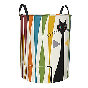 Mid-Century Modern Art Cat Printed Round Foldable Laundry Basket With Handle For Home, Bathroom, Dirty Clothes, Toy Storage