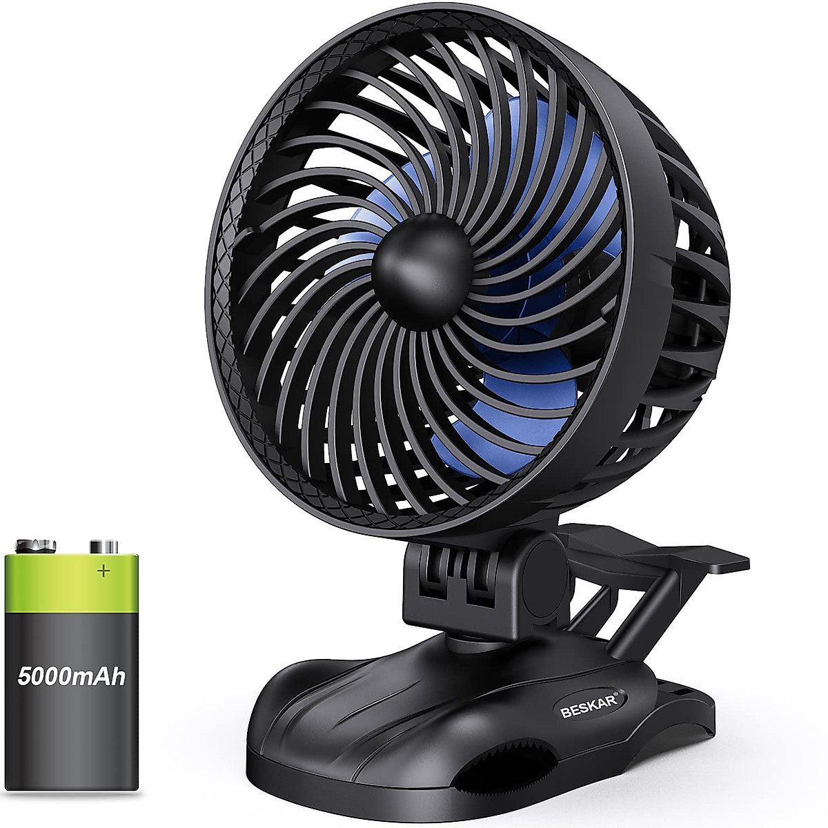 BESKAR Clip on Fan - 5000mAh Battery Rechargeable with CVT Speeds and Strong Airflow, Head Adjustable, Small Desk Fan Personal Quiet Fan for Office Stroller Outdoor