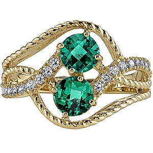 PEORA Created Emerald Two-Stone Ring for Women 14K Yellow Gold, 1 Carat total Round Shape, Size 5
