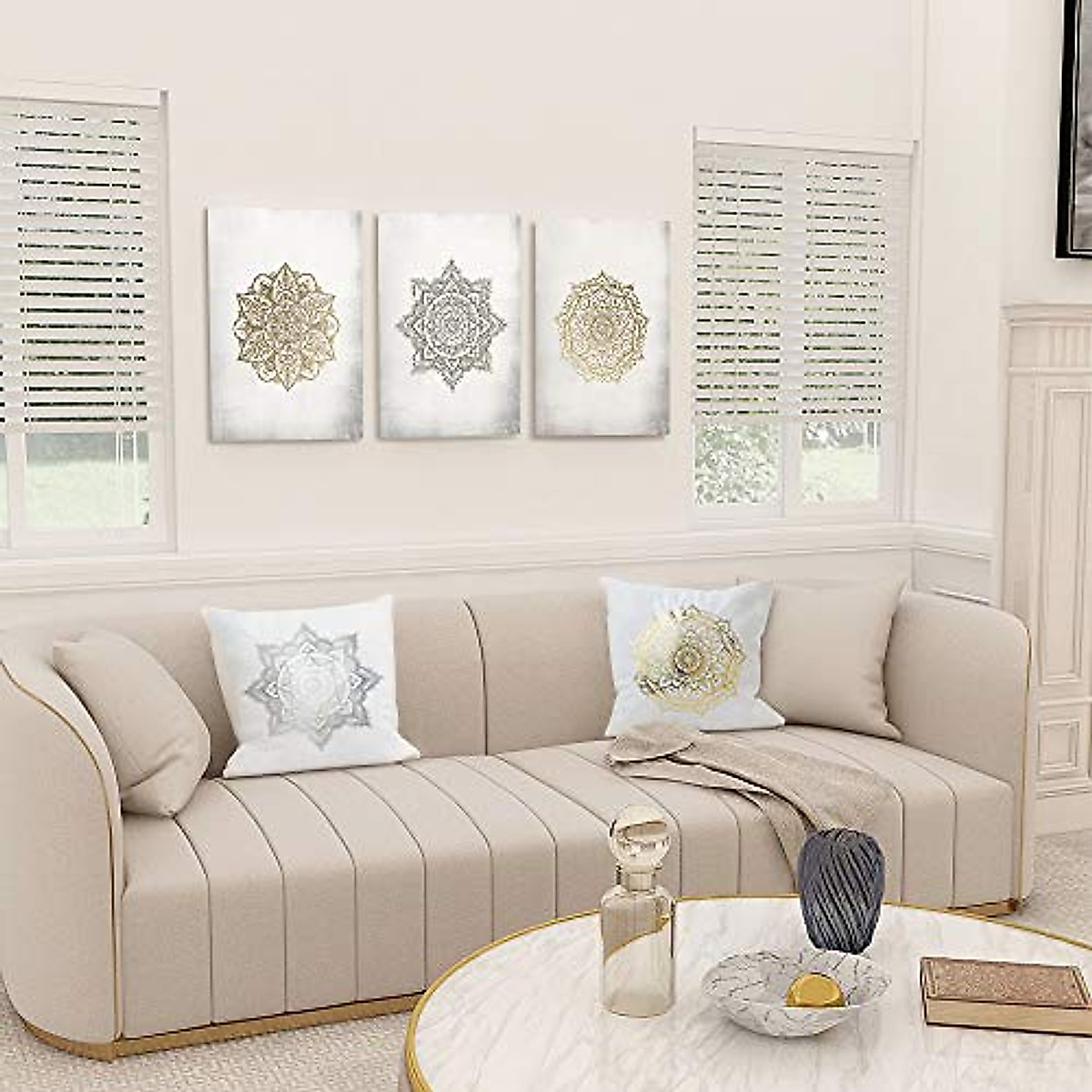 SUMGAR Boho Wall Art Bathroom Gold Mandala Framed Paintings 3 Piece Grey Flowers Pictures Gray Floral Canvas Prints Bedroom Indian Artwork Yoga Spa Bohemian Home Decorations Geometric Decor,12x16 in