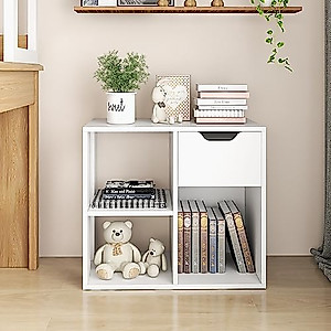 Giantex 3 Cube Bookcase with Drawer White, 21" Wooden Floor Standing Storage Organizer w/Open Storage Cabinet, Freestanding Display Shelf for Bedroom Living Room Kid’s Playroom Reading Nook (1)