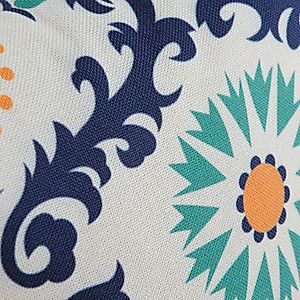 CaliTime Canvas Throw Pillow Cover Case for Couch Sofa Home Decoration Three-Tone Dahlia Floral Compass Geometric 20 X 20 Inches Navy/Teal/Orange