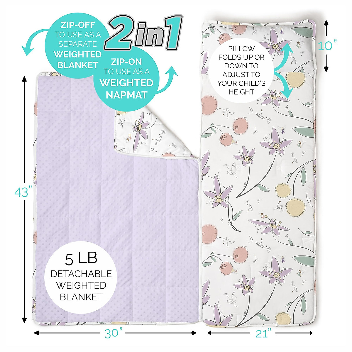 JumpOff Jo - Extra Long Toddler Nap Mat - Sleeping Bag for Kids with 5lb. Detachable Weighted Blanket and Removable Pillow for Preschool, Daycare, and Sleepovers - 53 x 21 Inches - Fairy Blossom