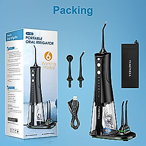 TUREWELL Water Flosser, 300ML Portable Water Teeth Cleaner with 6 Modes, IPX7 Waterproof Oral Irrigator, Waterpick for Travel/Home/Braces (Black)
