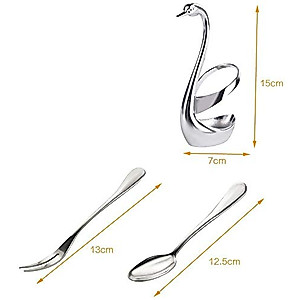 Thyggzjbs Dinnerware Set, Stainless Steel Fruit/Dessert Flatware SwanBase Holder, With 4 Forks & 4 Spoons (Set of 2) (Round)