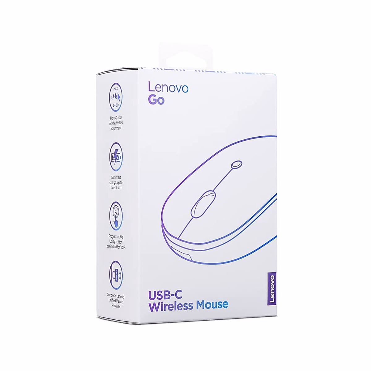 Lenovo Go USB-C Essential Wireless Mouse, 2.4 GHz Nano USB-C Receiver, Adjustable DPI, Rechargeable Battery, Ambidextrous, GY51C21210, Grey