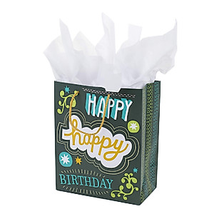 Hallmark 9" Medium Birthday Gift Bag with Tissue Paper and Mini Signs (Happy Happy Birthday, Green, Grey, Blue Hand lettering)