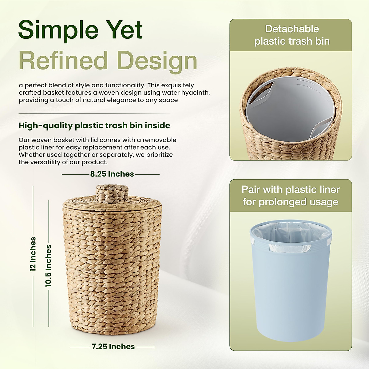 Tidita 1.3 Gallons Wicker Waste Basket with Lid - Large Wicker Trash Can for Office - WasteBaskets for Bedroom, Bathroom, Kitchen, Living Room - Boho Handwoven Trash Cans for Garbage (Water Hyacinth)