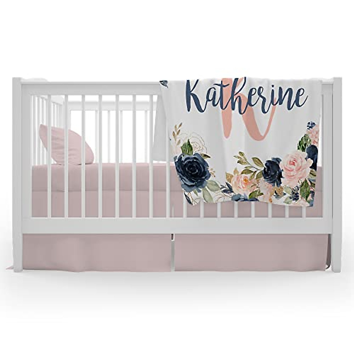 Navy and Blush Floral Personalized Baby Blanket with Name-Custom Baby Blankets for Girls- Personalized Baby Girl Shower Gifts - Personalized Baby Blankets for Girls with Name Blush