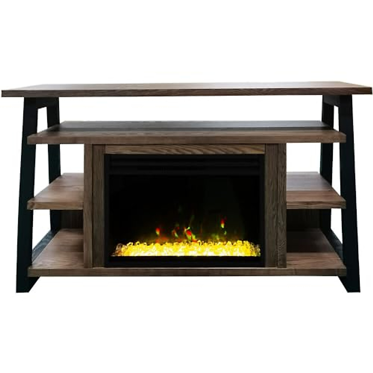 Cambridge Sawyer 53 Inch Freestanding Fireplace Mantel TV Stand with Storage Shelves and 1500 Watt Electric Heater Insert with Crystal Display, Multicolor Flames, Remote Control in Walnut/Black