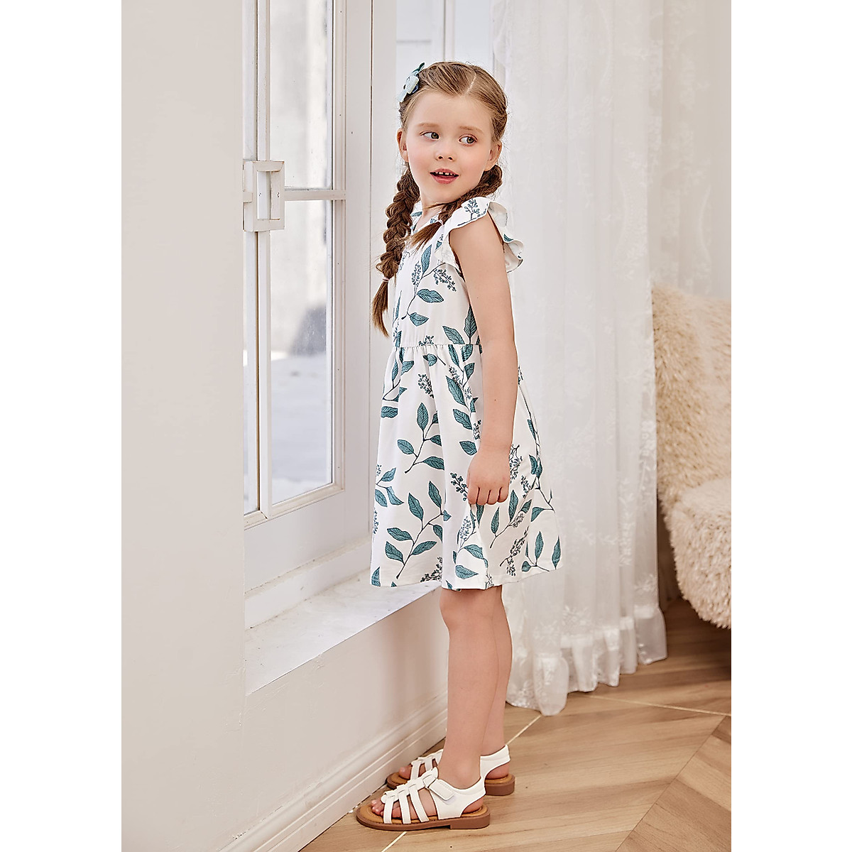 PATPAT Toddler Girl Dress Little Girls Ruffle Sleeve Casual Sundress Leaf Print A-Line Dress White 18-24 Months