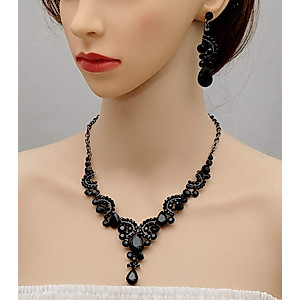 CSY 4 Pcs/Sets Vintage Necklace Earrings Bracelet Ring Retro Bridal Wedding Costume Jewelry Sets for Brides Women Gifts (Black Crystal)