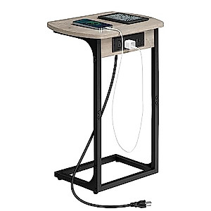 Hzuaneri C Shaped End Table with Charging Station, Bed Side Table with USB Port & Outlet, Couch Table, C Snack Table for Living Room, Bedroom, Greige and Black ET05105B