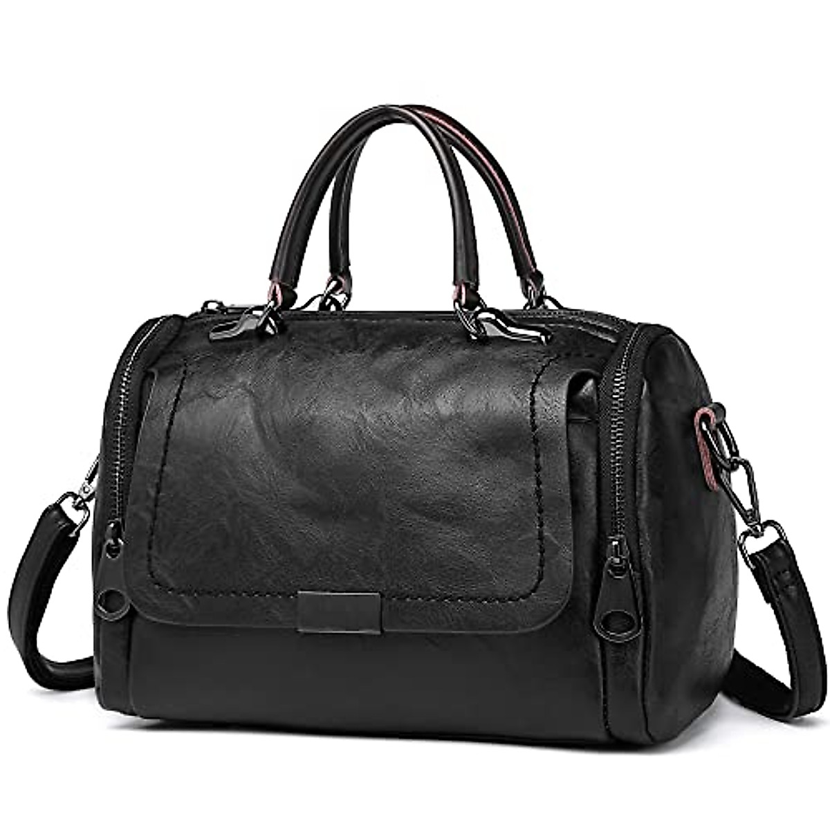 KKP Women's Purse Leather Handbags Women Travel Satchel Bag Adjustable Strap Boston Bag-Black