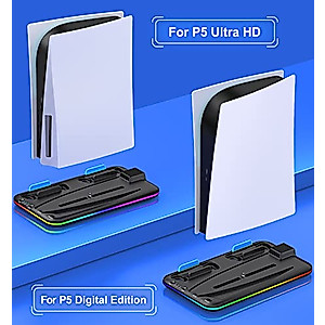 PS5 Stand with 4 Level Cooling Fan and RGB LED, Dual Fast PS5 Controller Charging Station for PS5 Digital/Disc, Accessories Incl. 6 Game Storage, Headset Holder, Dust Baffle