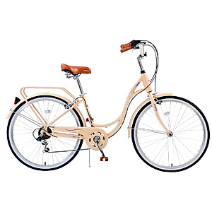 WEEROCK 26 Inch Adult Cruiser Bike Ladies Bicycle Shimano 7 Speeds Steel Frame Commuter Bike for Women, Men, Seniors,Multi Colors,Beige