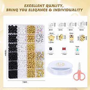 JADVY 1800 pcs Pearl Beads for Jewelry Making Kit with Spacer Beads, Black/White/Gold Pearl Beads for Bracelets, Necklaces, Earrings, DIY Pearls Bracelet Making Kit, Pearl Beads & Bead Assortments