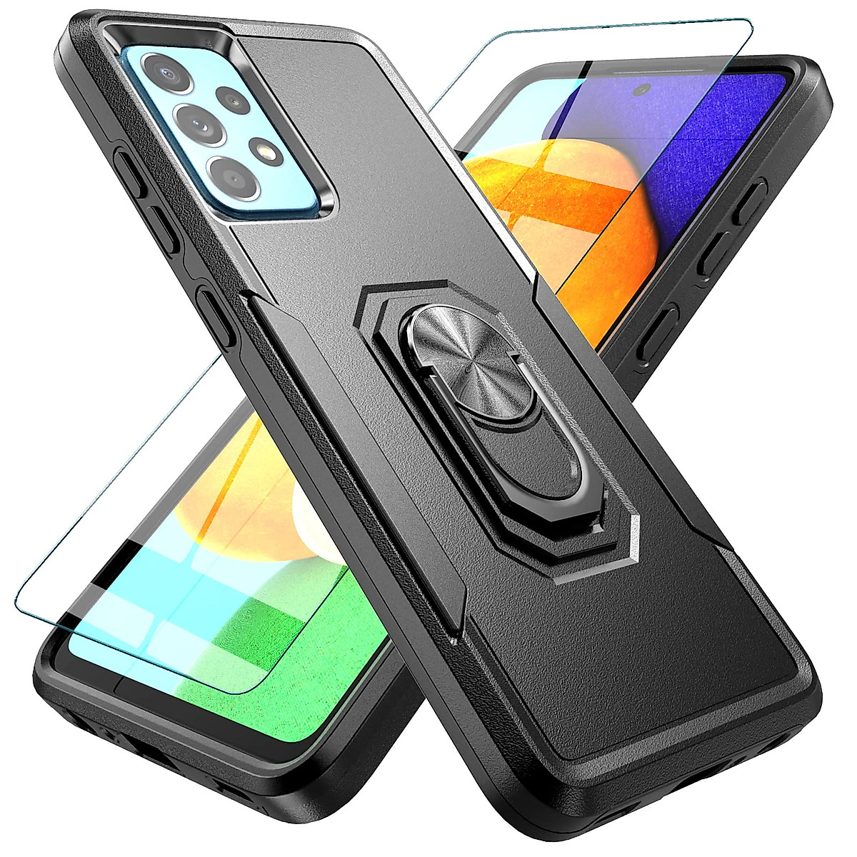 SUEJIA Galaxy A52 5G Case with Tempered Glass Screen Protector, Hybrid Slim Fit Durable Shockproof Protective Case Magnetic Ring Car Mount Kickstand for Samsung Galaxy A52 5G,Black