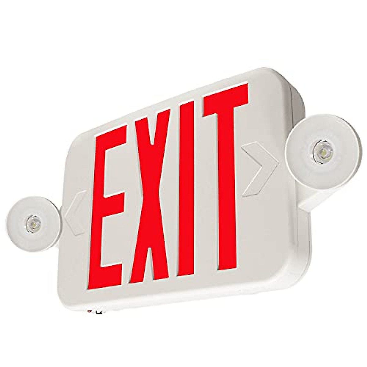 LFI Lights | Compact Combo Red Exit Sign with Emergency Lights | White Housing | All LED | Two Adjustable Round Heads | Hardwired with Battery Backup | UL Listed | (2 Pack) | COMBOJR-R