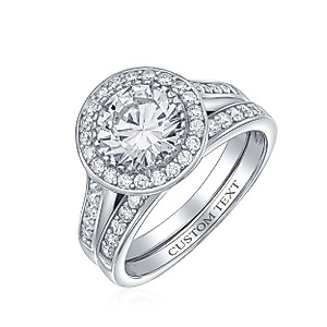 Bling Jewelry Circlet Art Dec Style 3CT Round Solitaire AAA CZ Halo Pave Band Inset Guard Enhancers Anniversary Engagement Wedding Ring Set for Women .925 Sterling Silver Custom Engraved