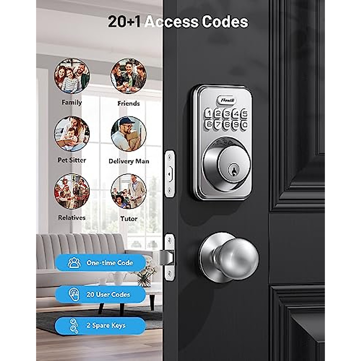 Keyless Entry Door Lock with 2 Knobs, Zowill DK01K Keypad Door Lock with Handle, Front Door Lock Set, Auto Lock, One-Touch Lock, One Time Code, IP54 Waterproof, Easy Installation - Satin Nickel