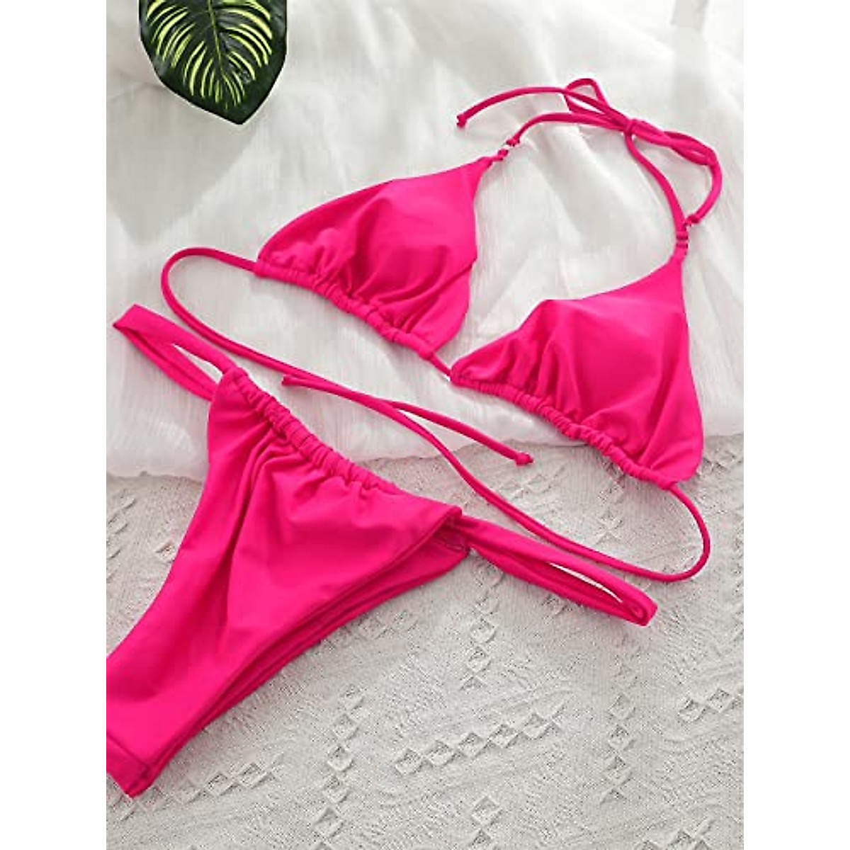 SheIn Women's Sexy 2 Pcs Ruched Triangle Bikini Bra with Thong Swimsuit Sets Hot Pink Medium