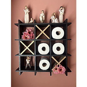 Large Black Tic Tac Toe Toilet Paper Holder Stand | Design Freestanding Bathroom Tissue Roll Storage Organizer | Wooden Bathroom Organizer | Over The Toilet Bathroom Storage Cabinet Wall Mounted