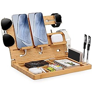 AeroShelf Wooden Nightstand Charging Station, Bedside Table Organizer for Men, Foldable Cell Phone Stand for Desk, Dad Gifts for Fathers Day, Bamboo Docking Station