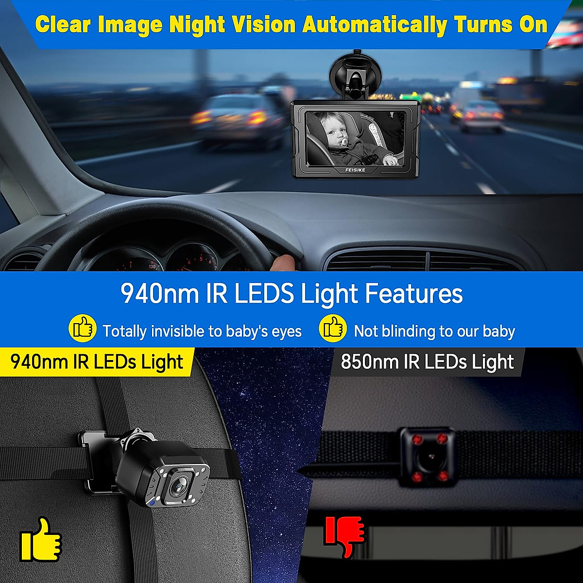 FEISIKE Baby Car Camera, 4.3'' Back Seat Baby Car Camera Mirror for Crystal Infrared Night Vision, 360° Rotation & 149° Wide View, 3 Mins Easy Installation