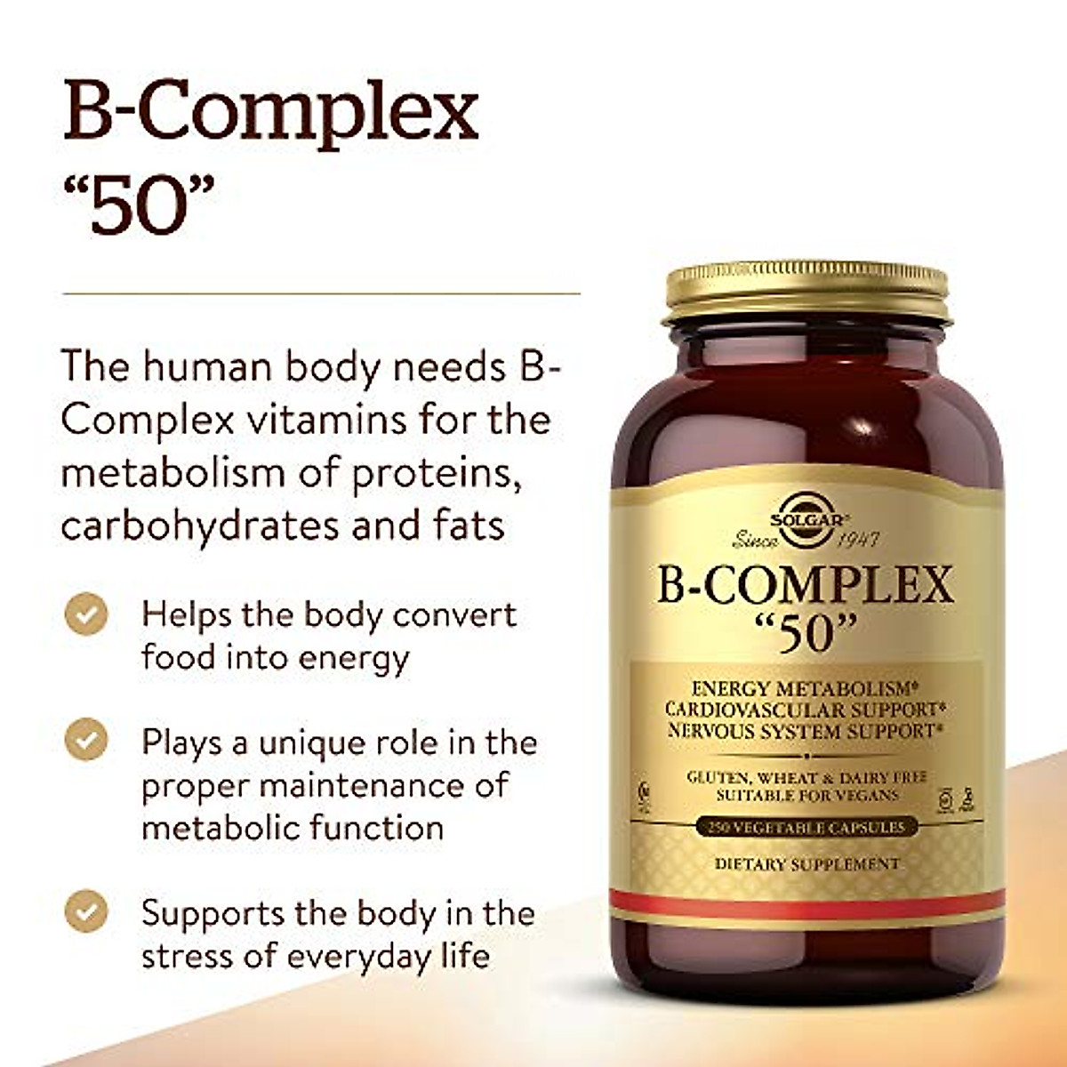 Solgar B-Complex “50”, 250 Vegetable Capsules - Energy Metabolism, Cardiovascular Support, Nervous System Support - Non-GMO, Vegan, Gluten Free, Dairy Free, Kosher, Halal - 250 Servings
